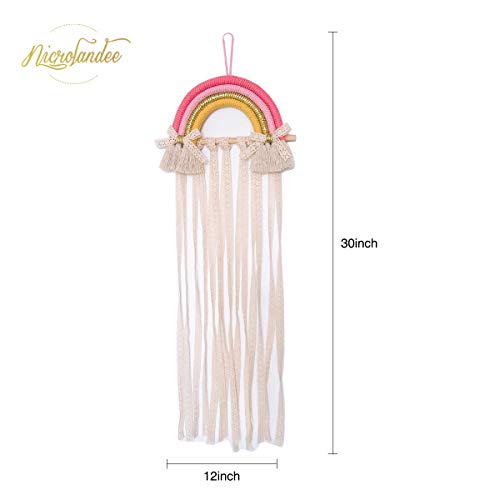 NICROLANDEE Rainbow Tassels Hair Bows Holder Hanging - Baby Hair Accessories Storage Headband Holder Hair Clips Organizer Wall Hanger Decor for Baby Girls Room Ornament (Pink Yellow)