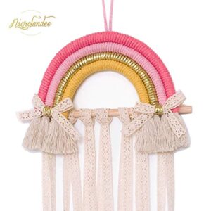 NICROLANDEE Rainbow Tassels Hair Bows Holder Hanging - Baby Hair Accessories Storage Headband Holder Hair Clips Organizer Wall Hanger Decor for Baby Girls Room Ornament (Pink Yellow)