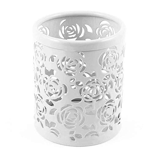 Ciaoed Metal Pencil Pot Holder, Rose Flower Pattern Make Up Brush Cup, Pen Cylinder Container for Desk, White