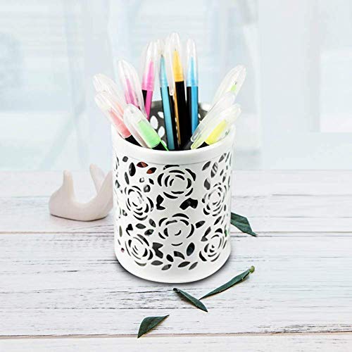 Ciaoed Metal Pencil Pot Holder, Rose Flower Pattern Make Up Brush Cup, Pen Cylinder Container for Desk, White