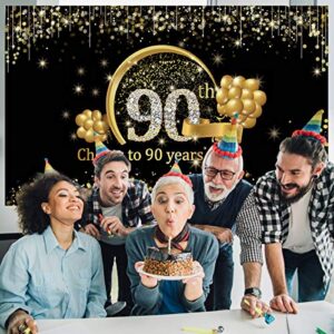 Kauayurk 90th Birthday Banner Backdrop Decorations & Balloon Garland Arch Kit for Men Women, Gold Extra Large Cheers to 90 Years Birthday Party Supplies, Ninety Birthday Poster Photo Booth