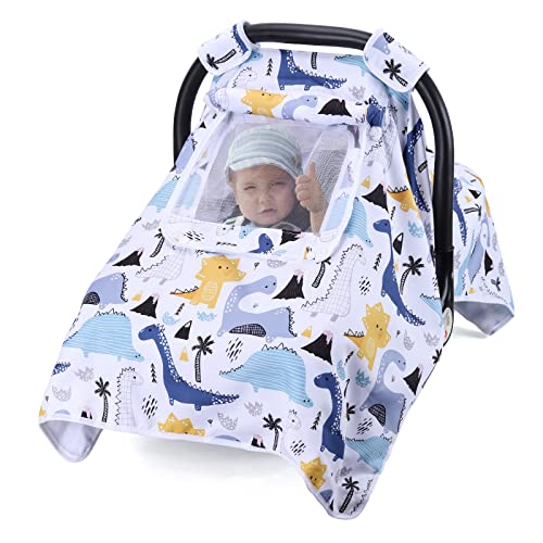 Car Seat Covers for Babies, Baby Car Seat Cover for Girls Boys, Kick-Proof Newborn Carrier Canopy with Breathable Mesh Peep Window, Windproof Stretchy Stroller Canopy(Dinosaur)