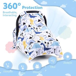 Car Seat Covers for Babies, Baby Car Seat Cover for Girls Boys, Kick-Proof Newborn Carrier Canopy with Breathable Mesh Peep Window, Windproof Stretchy Stroller Canopy(Dinosaur)