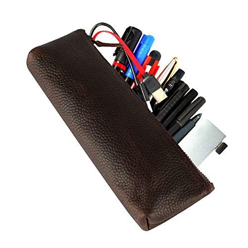 CestAntiQ, Genuine Leather Pen Pouch | Pencil Pouch | Zippered Pen Holder Pouch Craft Tool holder for School, Work & Office | Handy Pen Case | Classic Work Accessories | Brown Handmade Carry On Pouch