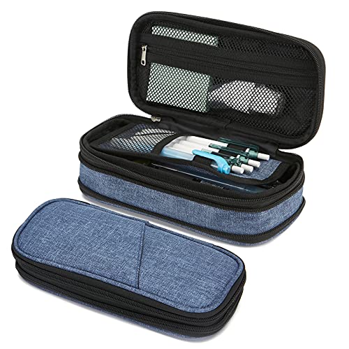 FLUGGER Large Capacity Pencil Case 3 Grids Mens Pencil Case Storage Simple Stationery Bag, Suitable for Teenagers Blue Pencil Case.