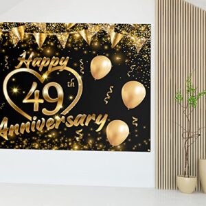 Happy 49th Anniversary Backdrop Banner Decor Black Gold – Glitter Love Heart Happy 49 Years Wedding Anniversary Party Theme Decorations for Women Men Supplies, 3.9 x 5.9 ft