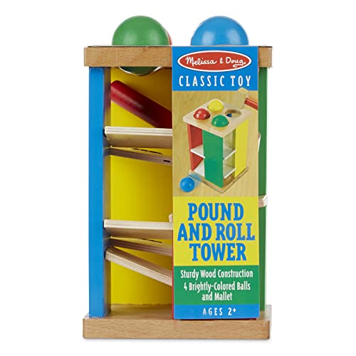 Melissa & Doug Deluxe Pound and Roll Wooden Tower Toy With Hammer - Pound A Ball, Educational Toddler Toys, Wooden Pounding Bench For Ages 2+