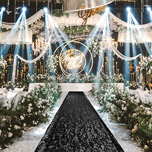 Hahuho Black Carpet Runner for Party 2ft x 15ft Glitter Aisle Runner for Wedding Ceremony, Birthday, Banquet Decorations（2ft x 15ft, Black）