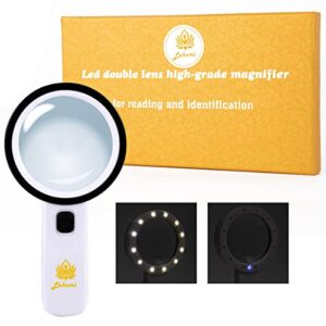 30x magnifying glass with light (12 led & 1 uv), high grade large illuminated magnifier for seniors, reading tiny labels & prints, hobby, inspections, macular degeneration, hq gift box(included)