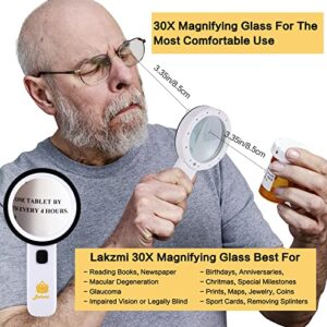 30X Magnifying Glass with Light (12 LED & 1 UV), High Grade Large Illuminated Magnifier for Seniors, Reading Tiny Labels & Prints, Hobby, Inspections, Macular Degeneration, HQ Gift Box(Included)