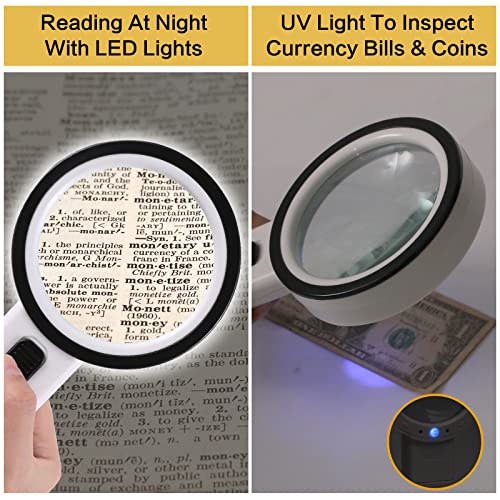 30X Magnifying Glass with Light (12 LED & 1 UV), High Grade Large Illuminated Magnifier for Seniors, Reading Tiny Labels & Prints, Hobby, Inspections, Macular Degeneration, HQ Gift Box(Included)