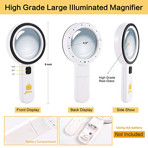 30X Magnifying Glass with Light (12 LED & 1 UV), High Grade Large Illuminated Magnifier for Seniors, Reading Tiny Labels & Prints, Hobby, Inspections, Macular Degeneration, HQ Gift Box(Included)