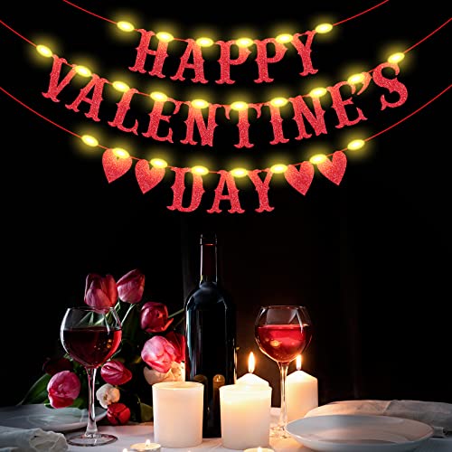 Happy Valentine's Day Light Banner Valentine's Day Heart Banner Decoration with Led Light String for Valentine's Day Wedding Dating Anniversary Engagement Party Indoor Outdoor Home Decor