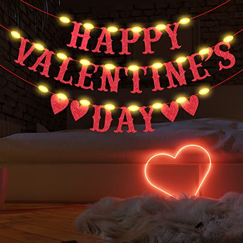 Happy Valentine's Day Light Banner Valentine's Day Heart Banner Decoration with Led Light String for Valentine's Day Wedding Dating Anniversary Engagement Party Indoor Outdoor Home Decor