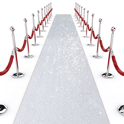 Sequin Aisle Runner for Weddings 2 x 15 ft Glitter Wedding Rug Runner with Carpet Tape Sparkly Wedding Outdoor Floor Runner Floor Carpet Runner for Prom Ceremony Event Party Decoration (Silver)