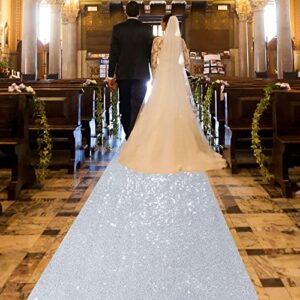 Sequin Aisle Runner for Weddings 2 x 15 ft Glitter Wedding Rug Runner with Carpet Tape Sparkly Wedding Outdoor Floor Runner Floor Carpet Runner for Prom Ceremony Event Party Decoration (Silver)