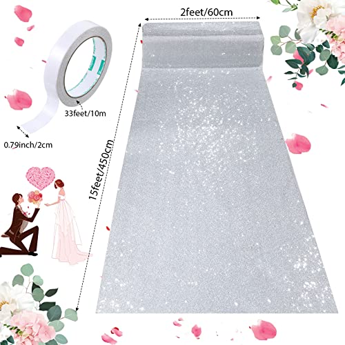 Sequin Aisle Runner for Weddings 2 x 15 ft Glitter Wedding Rug Runner with Carpet Tape Sparkly Wedding Outdoor Floor Runner Floor Carpet Runner for Prom Ceremony Event Party Decoration (Silver)