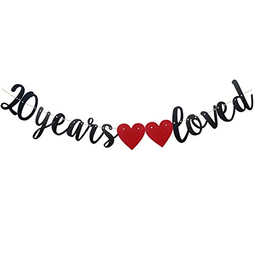 20 Years Loved Banner,Pre-Strung,Black Paper Glitter Party Decorations for 20TH Birthday Decorations 20TH Wedding Anniversary Day Party Supplies Letters Black ZHAOFEIHN