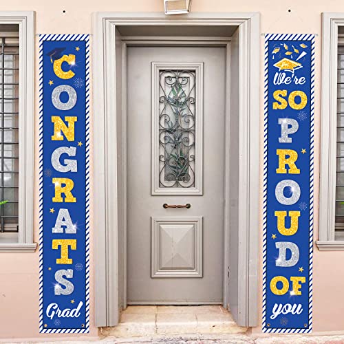 Graduation Door Banner Congrats Grad Porch Sign and So Proud of You Yard Signs Royal Blue Gold Silver Graduations Welcome Hanging Banner for College Graduation Party Decorations