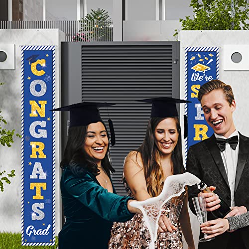 Graduation Door Banner Congrats Grad Porch Sign and So Proud of You Yard Signs Royal Blue Gold Silver Graduations Welcome Hanging Banner for College Graduation Party Decorations