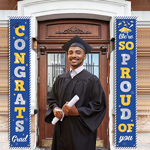 Graduation Door Banner Congrats Grad Porch Sign and So Proud of You Yard Signs Royal Blue Gold Silver Graduations Welcome Hanging Banner for College Graduation Party Decorations