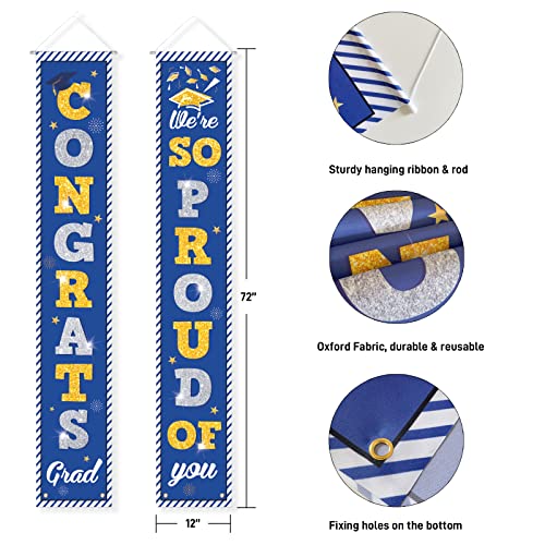 Graduation Door Banner Congrats Grad Porch Sign and So Proud of You Yard Signs Royal Blue Gold Silver Graduations Welcome Hanging Banner for College Graduation Party Decorations