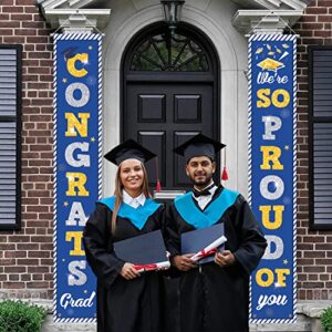 Graduation Door Banner Congrats Grad Porch Sign and So Proud of You Yard Signs Royal Blue Gold Silver Graduations Welcome Hanging Banner for College Graduation Party Decorations