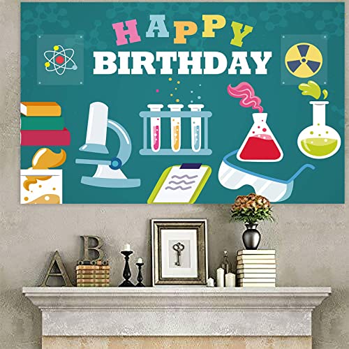 Science Happy Birthday Banner Backdrop Chemistry Theme Decor Decorations for School Science Laboratory Lab Science Classroom Boy Girl Kid Birthday Party Baby Shower Supplies Favors Photo Booth Props