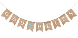 shimmer anna shine burlap god bless banner for baby girl boy baptism decorations christening first communion confirmation baby shower wedding birthday party photo props (blue)