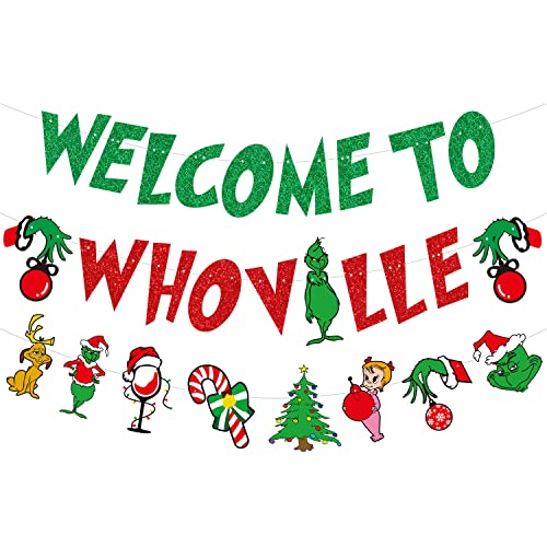 Welcome to Whoville Banner Grinch Christmas Decorations Grinch Garland Decorations Grinch Christmas Vacation Holiday Birthday Party Decorations Christmas Grinch Home Decorations(3 Packs,Pre-assembled)