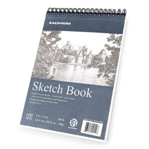 bachmore sketchpad 9x12″ inch (68lb/100g), 100 sheets of top spiral bound sketch book for artist pro & amateurs | marker art, colored pencil, charcoal for sketching