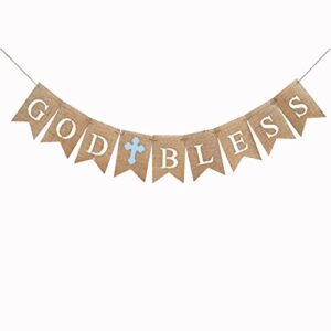 imagitek god bless baptism burlap banners for boy first holy communion, blue burlap banners garland bunting flags for wedding baby shower birthday christening baptism party decorations