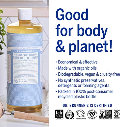 Dr. Bronner's Pure-Castile Liquid Soap – Baby Unscented Bundle. 32 oz. Bottle and 2 oz. Travel Bottle