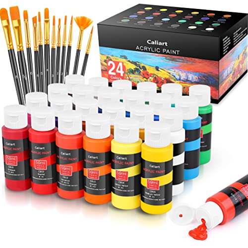 Caliart Acrylic Paint Set With 12 Brushes, 24 Colors (59ml, 2oz) Art Craft Paints Gifts for Artists Kids Beginners & Painters, Easter Basket Stuffers Pumpkin Canvas Ceramic Rock Painting Supplies Kit