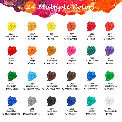 Caliart Acrylic Paint Set With 12 Brushes, 24 Colors (59ml, 2oz) Art Craft Paints Gifts for Artists Kids Beginners & Painters, Easter Basket Stuffers Pumpkin Canvas Ceramic Rock Painting Supplies Kit