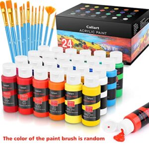 Caliart Acrylic Paint Set With 12 Brushes, 24 Colors (59ml, 2oz) Art Craft Paints Gifts for Artists Kids Beginners & Painters, Easter Basket Stuffers Pumpkin Canvas Ceramic Rock Painting Supplies Kit