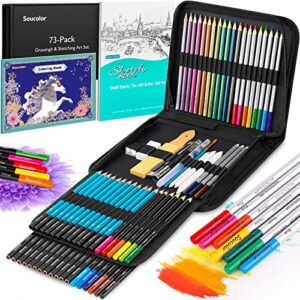 soucolor 73 art supplies for adults teens kids beginners, art kit drawing supplies sketching set, drawing pencils set zipper gift case: sketch book, coloring book, metallic charcoal pencils stuff