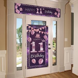 PAKBOOM Happy 11th Birthday Door Cover Porch Banner Sign Set - 11 Years Old Birthday Decoraions Party Supplies for Girls - Purple Pink