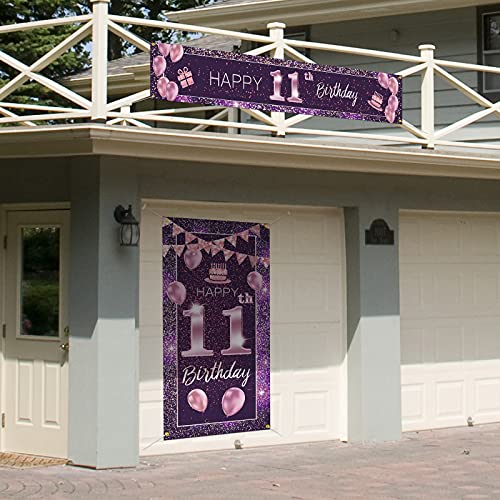 PAKBOOM Happy 11th Birthday Door Cover Porch Banner Sign Set - 11 Years Old Birthday Decoraions Party Supplies for Girls - Purple Pink