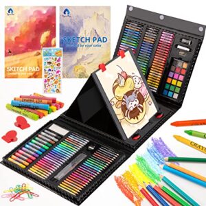 art supplies, 240-piece drawing art kit, gifts art set case with double sided trifold easel, includes oil pastels, crayons, colored pencils, watercolor cakes, sketch pad (black)