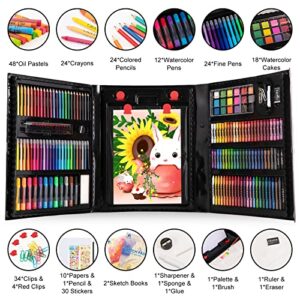 Art Supplies, 240-Piece Drawing Art Kit, Gifts Art Set Case with Double Sided Trifold Easel, Includes Oil Pastels, Crayons, Colored Pencils, Watercolor Cakes, Sketch Pad (Black)