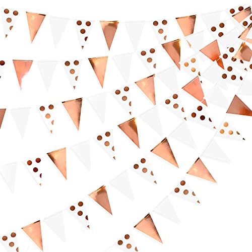 30Ft Rose Gold Polka Dot Pennant Banner Paper Circle Dot Triangle Flag Bunting Garland Streamer for Wedding Baby Bridal Shower Birthday Bachelorette Engagement Christmas Holiday Xmas Party Decorations