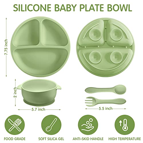 9 Pcs Silicone Baby Toddler Suction Plates Baby Bowls with Suction Toddler Bowls Set Kids Utensils Divided Plate Baby Boy Girl Feeding Set with Spoon Fork Dishwasher and Microwave Safe (Matte Colors)