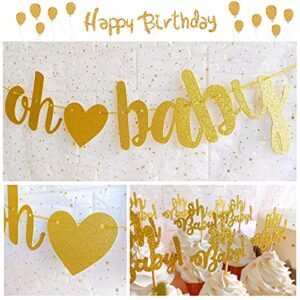 Oh Baby Party decoration Gold Glitter Oh Baby Banner Cupcake Toppers for baby 1st 2nd Birthday Baby Shower Party Supplies