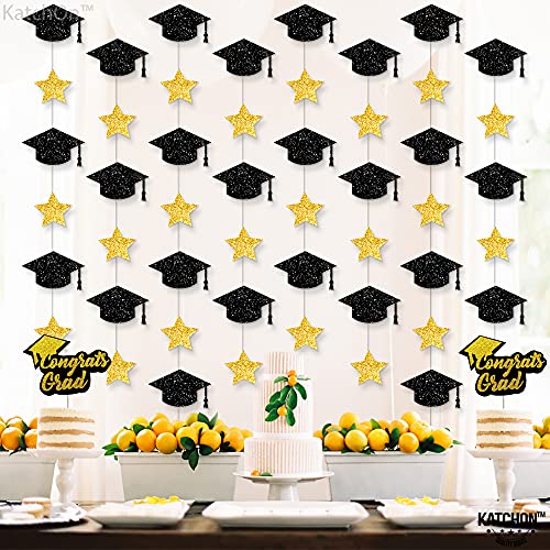 Glitter Graduation Cap Garland, 10 Feet - 8 String, No DIY | Black and Gold Graduation Party Decorations 2023 | Black Graduation Cap Decorations for Class of 2023 Decorations | 2023 Graduation Garland