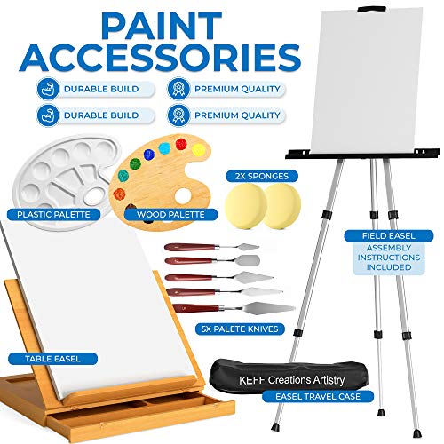 KEFF Large Super Deluxe Artists Painting Set - Professional Art Paint Kit Supplies for Adults and Kids with Acrylic, Watercolor & Oil Paints, Field & Table Easel, Canvases, Brushes and More