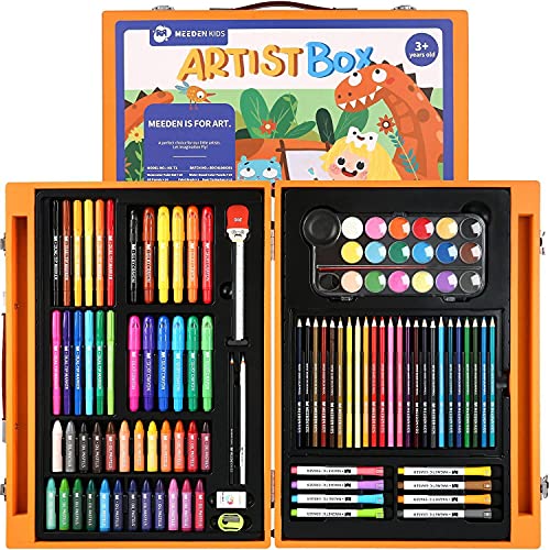 MEEDEN KIDS Drawing Set,Gift for Boys & Girls,Wood Case Artist Painting Set with Silky Crayons,Oil Pastels,Waterbased Pencils,Dry Erase Markers, Art Suplies Coloring Set with Paint Pad White Board