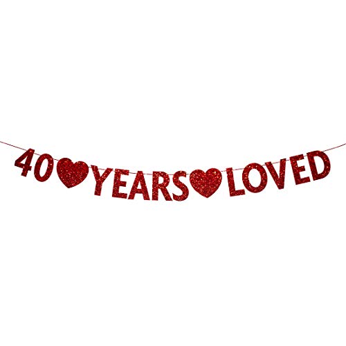 Red 40 Year Loved Banner, Red Glitter Happy 40th Birthday Party Decorations, Supplies