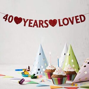 Red 40 Year Loved Banner, Red Glitter Happy 40th Birthday Party Decorations, Supplies