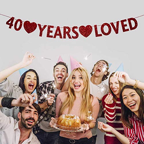 Red 40 Year Loved Banner, Red Glitter Happy 40th Birthday Party Decorations, Supplies